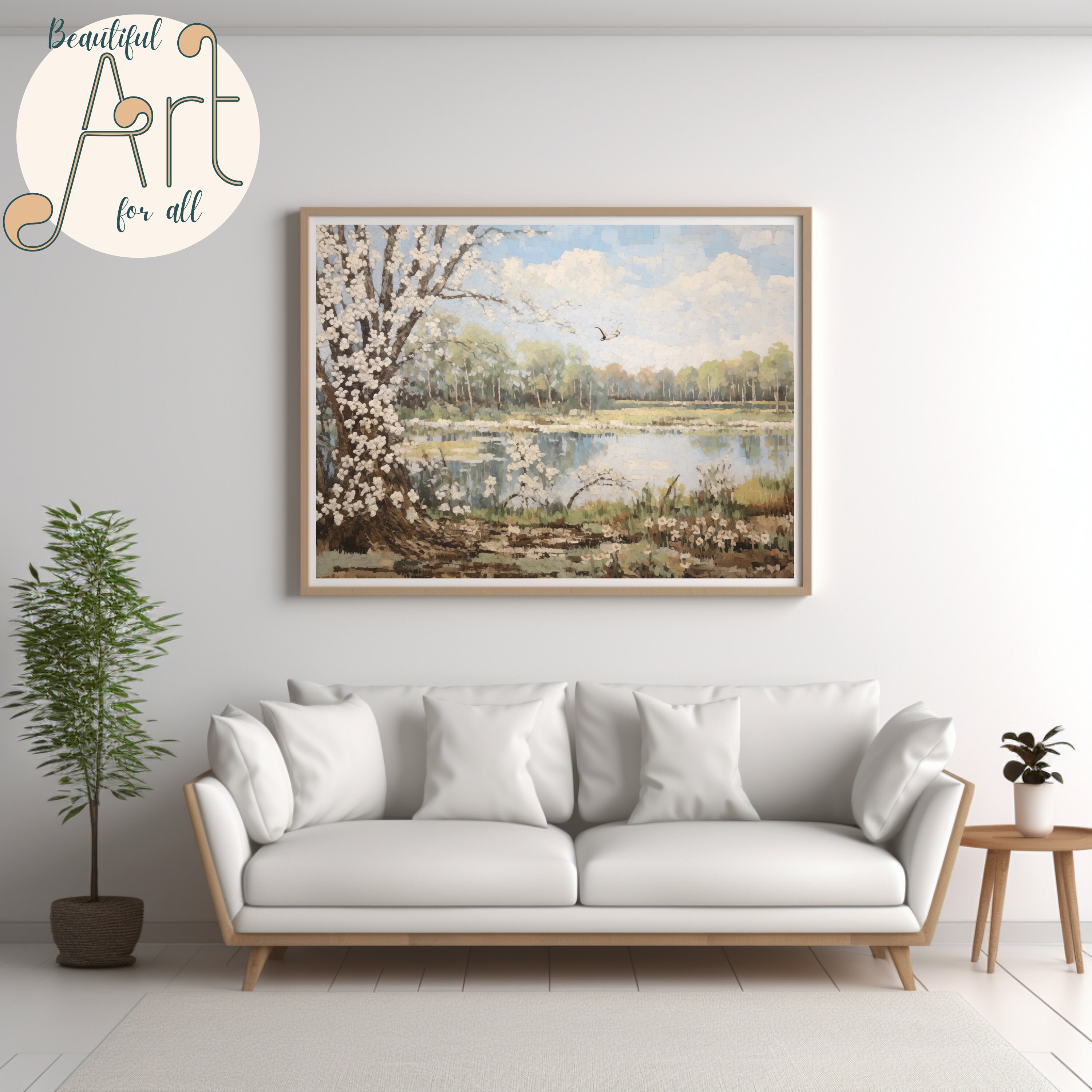 Printable Pointillism Spring Landscape Antique Lake Painting Rustic ...