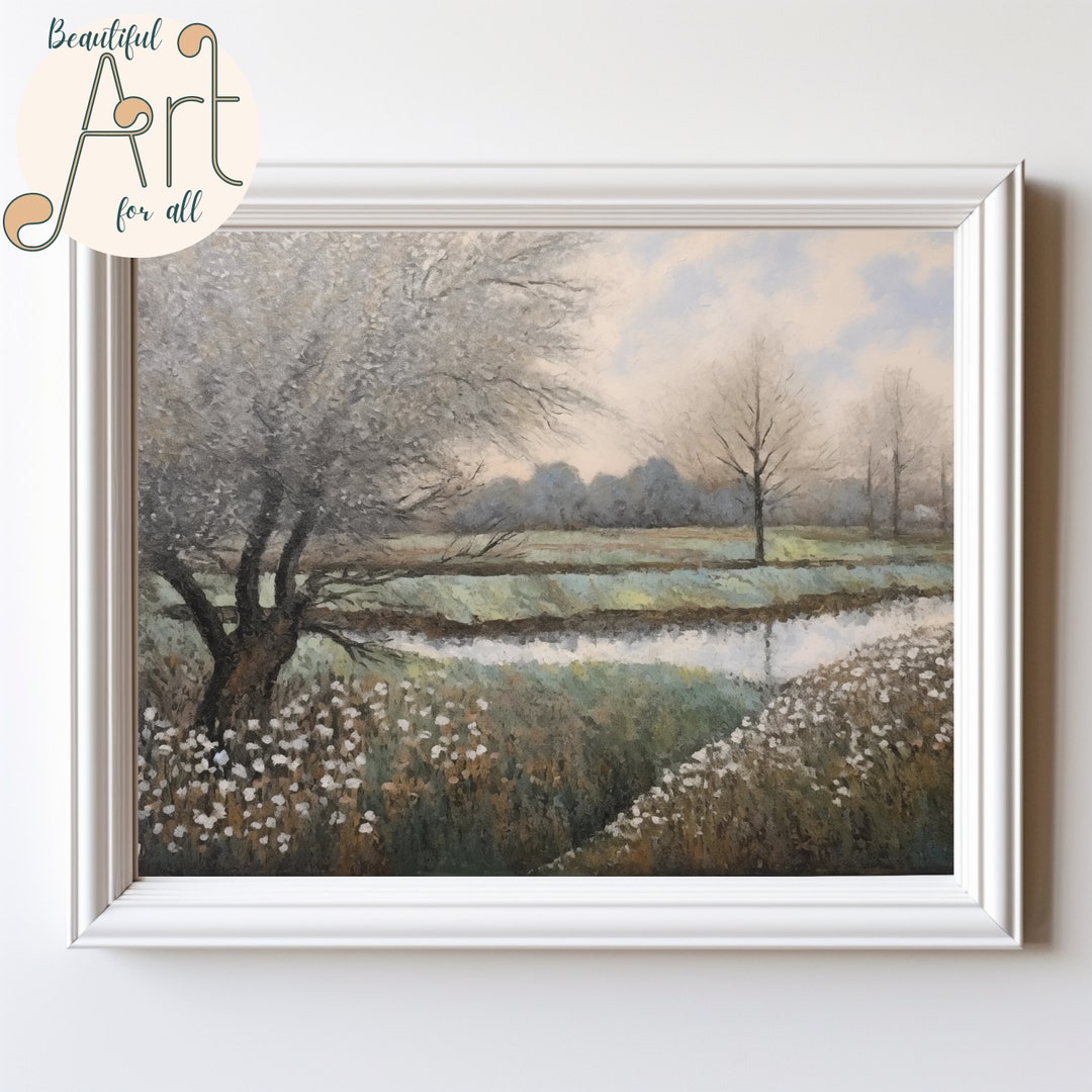 Vintage Printable Spring Landscape Antique Spring River Painting Rustic ...