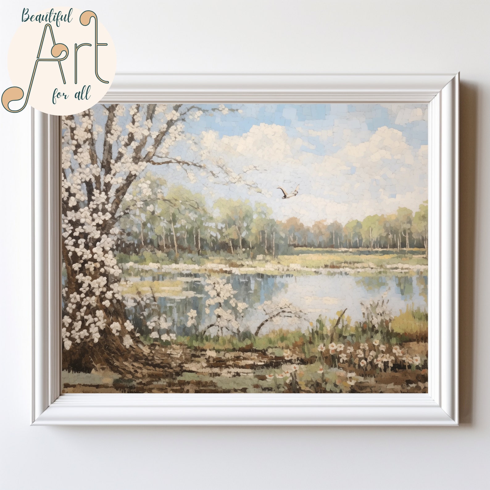 Printable Pointillism Spring Landscape Antique Lake Painting Rustic ...