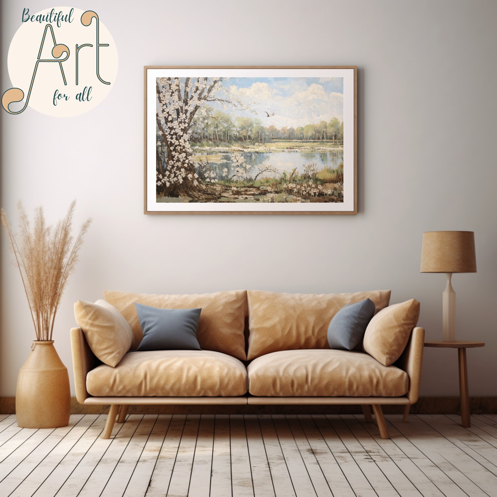 Printable Pointillism Spring Landscape Antique Lake Painting Rustic ...