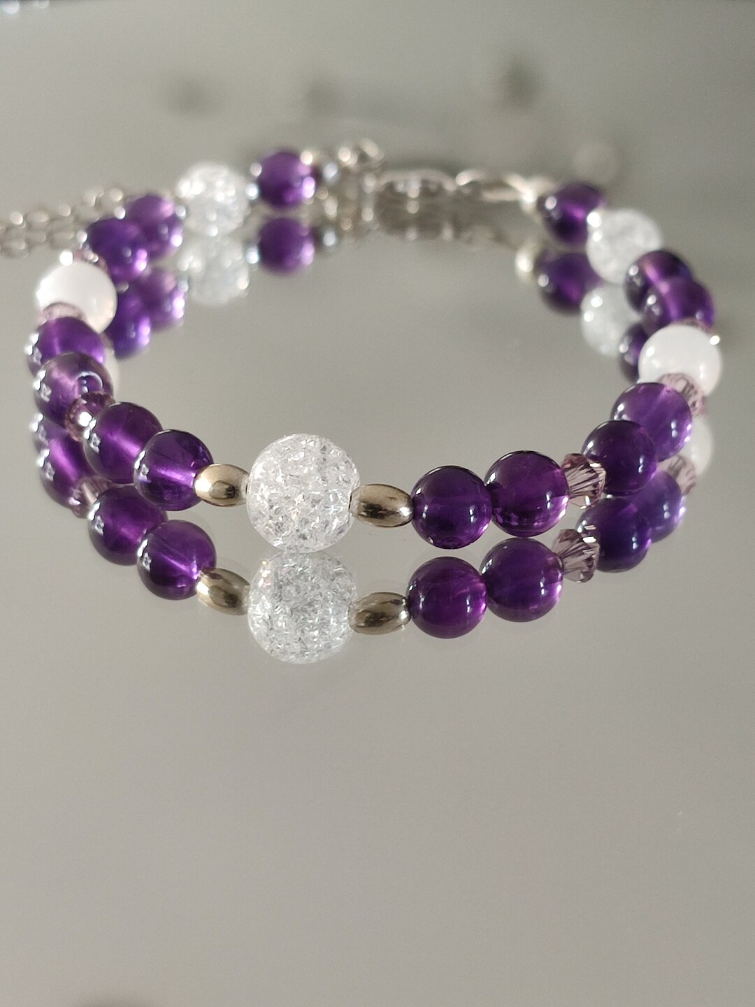 Bracelet in Amethyst Moonstone and Cracked Rock Crystal Precious Stone ...
