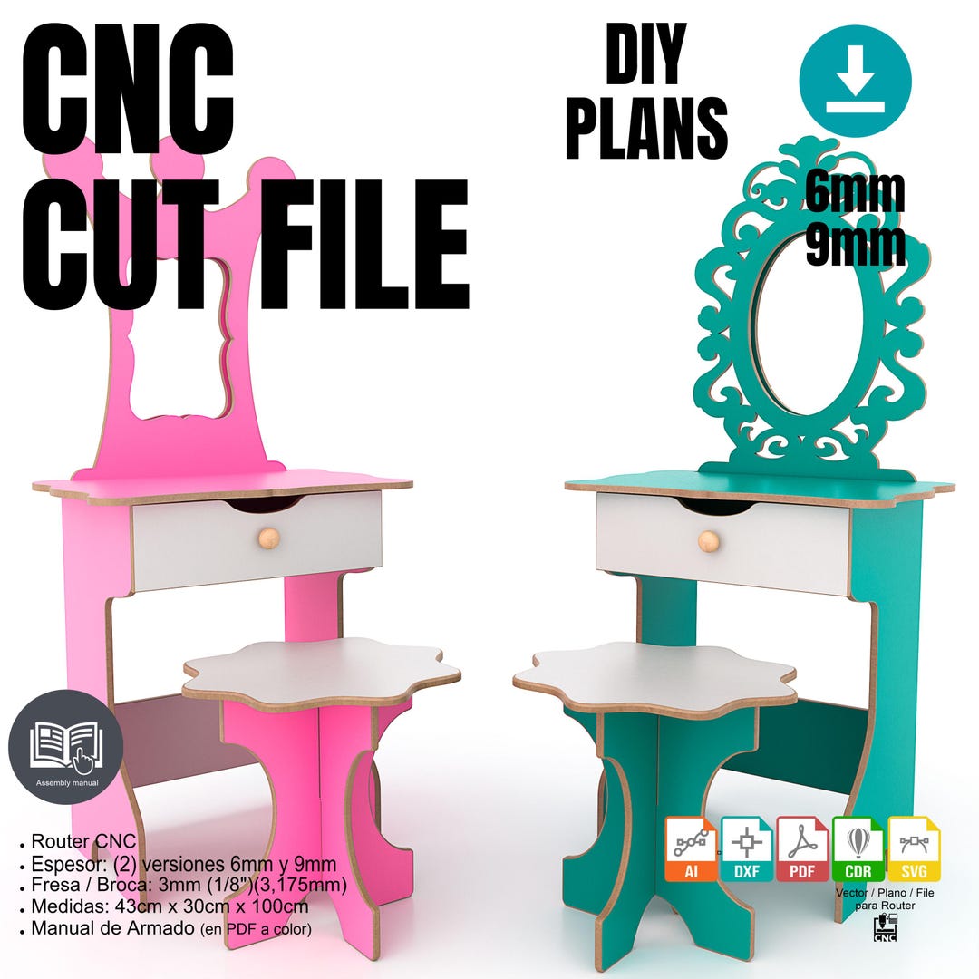 Dresuar Children's Dressing Table With Mirror and Stool CNC Router Dxf ...