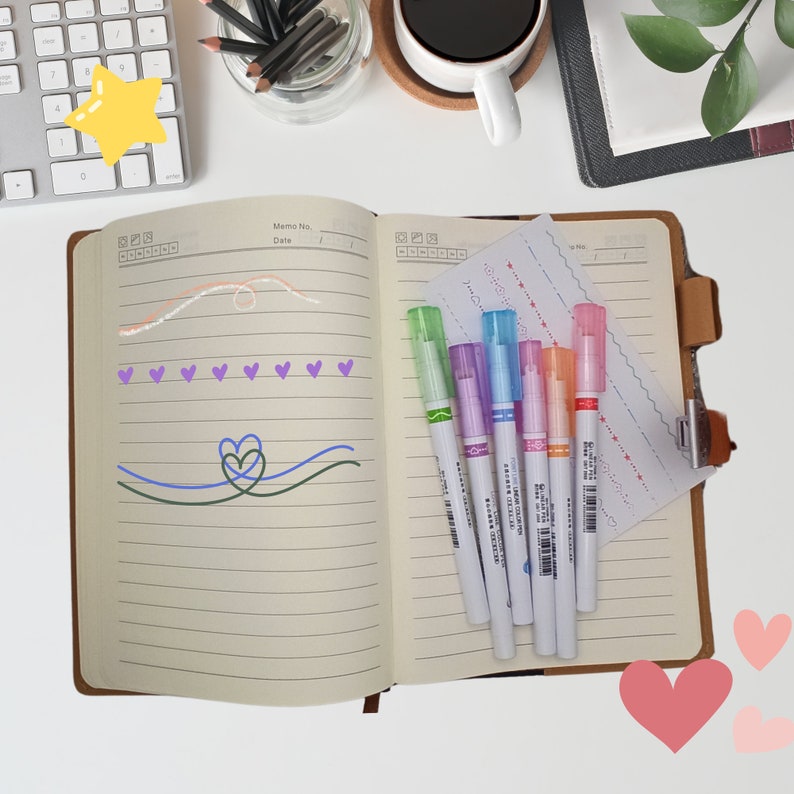 6 Pieces/set Shape Marker Pens Kawaii Roller Tip Curved Liner Marker ...