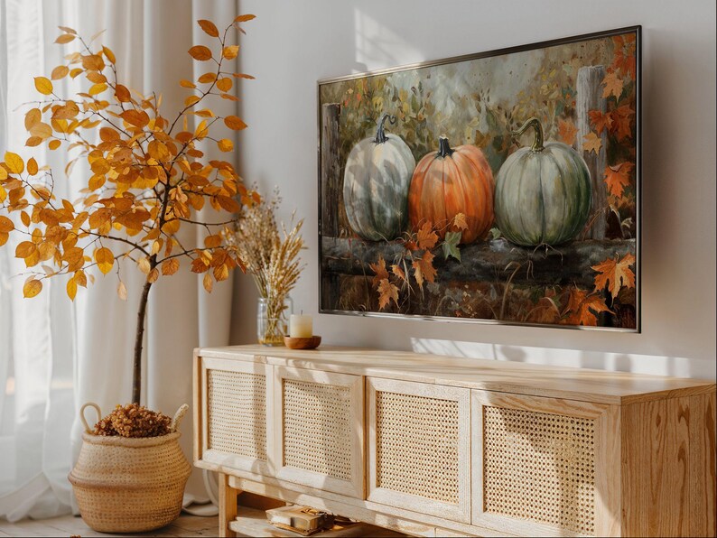 Vintage Autumn Pumpkin Fence Art for Frame TV - Rustic Fall Harvest ...