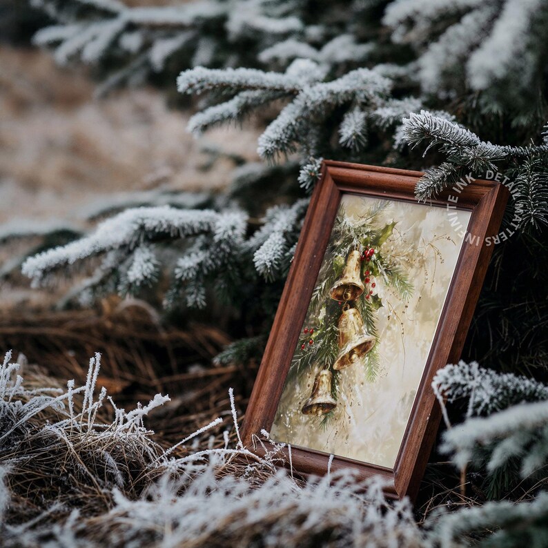 Classic Christmas Bells Holiday Print, Rustic Winter Decor, Holly ...