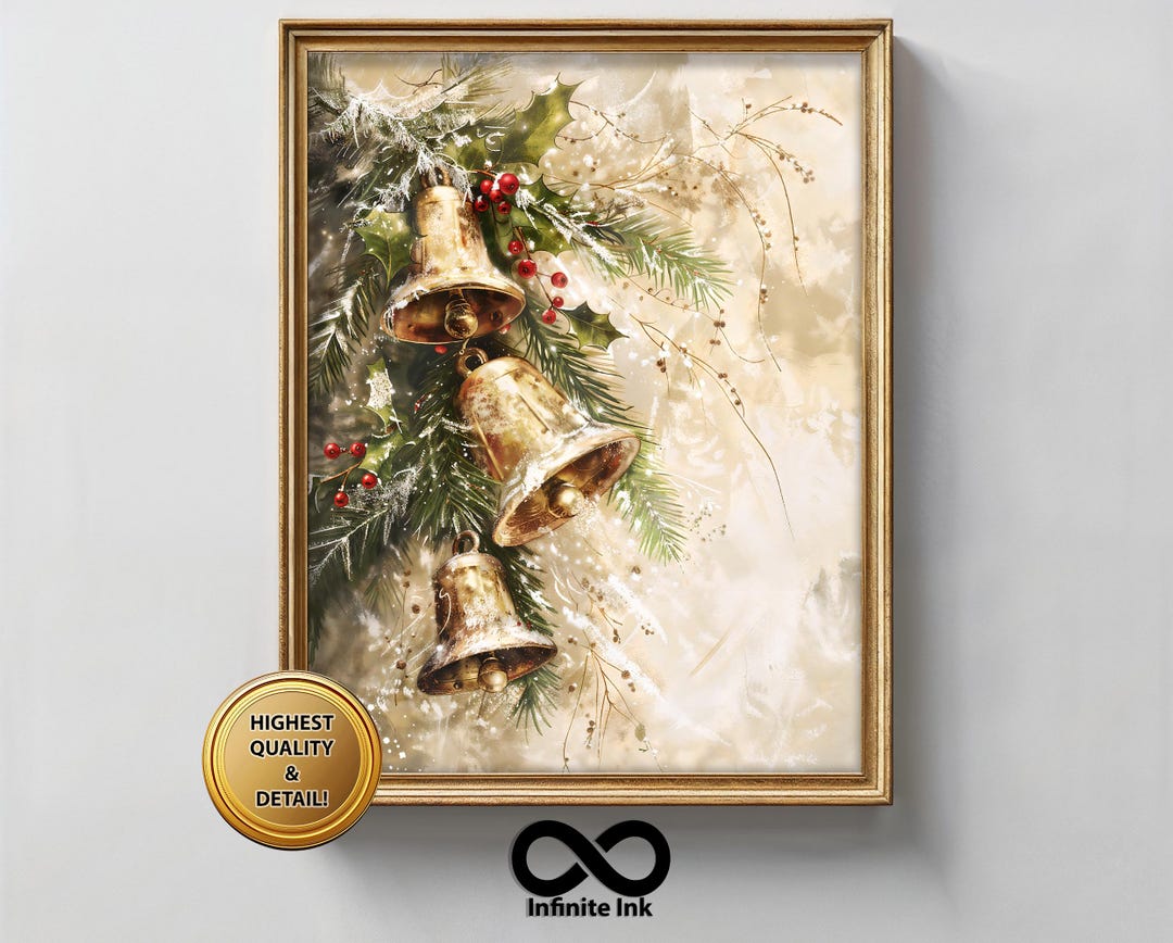 Classic Christmas Bells Holiday Print, Rustic Winter Decor, Holly ...