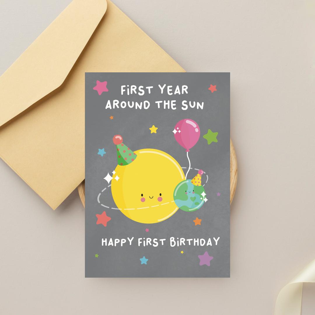 First Year Around the Sun Birthday Greeting Card | 1st Birthday ...