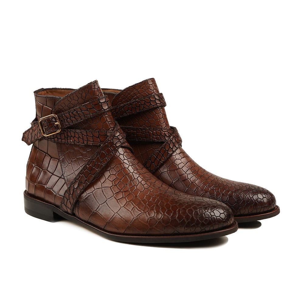 Brown Crocodile Embossed Jodhpur Boots Mens Calf Leather Ankle High ...