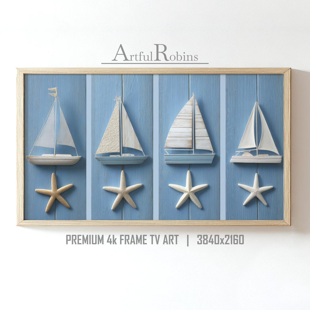 Coastal Nautical Frame TV Art | Wooden Sailboats and Starfish on Blue ...