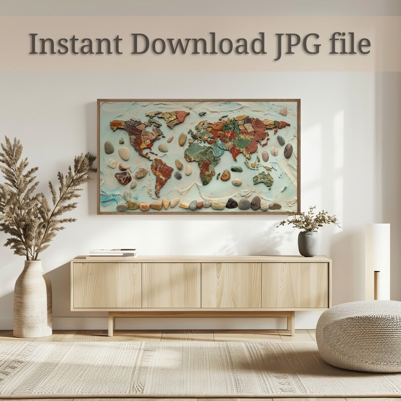 World Map Beach Pebbles Mosaic Frame TV Art Abstract Earthy Stone Decor ...
