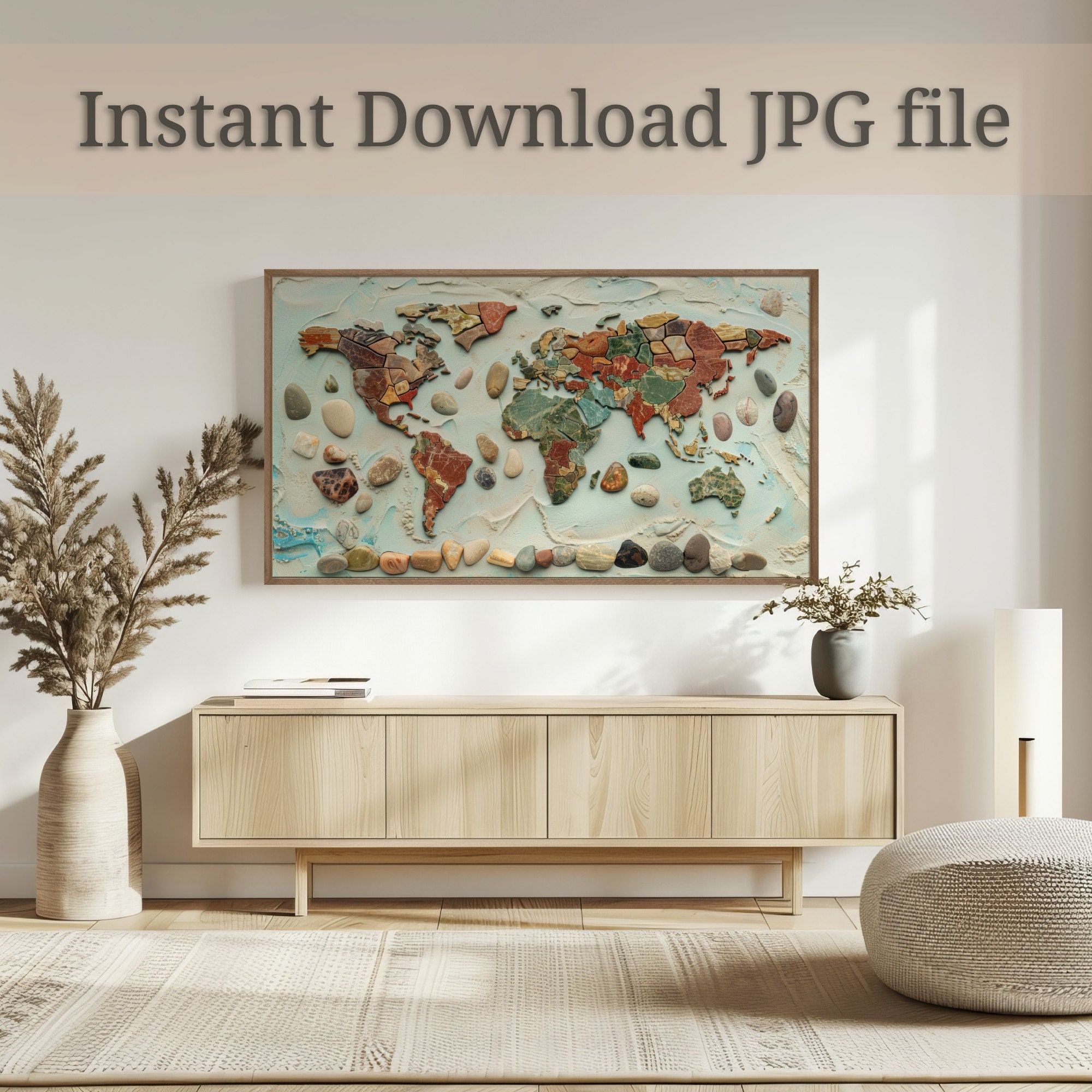 World Map Beach Pebbles Mosaic Frame TV Art Abstract Earthy Stone Decor ...