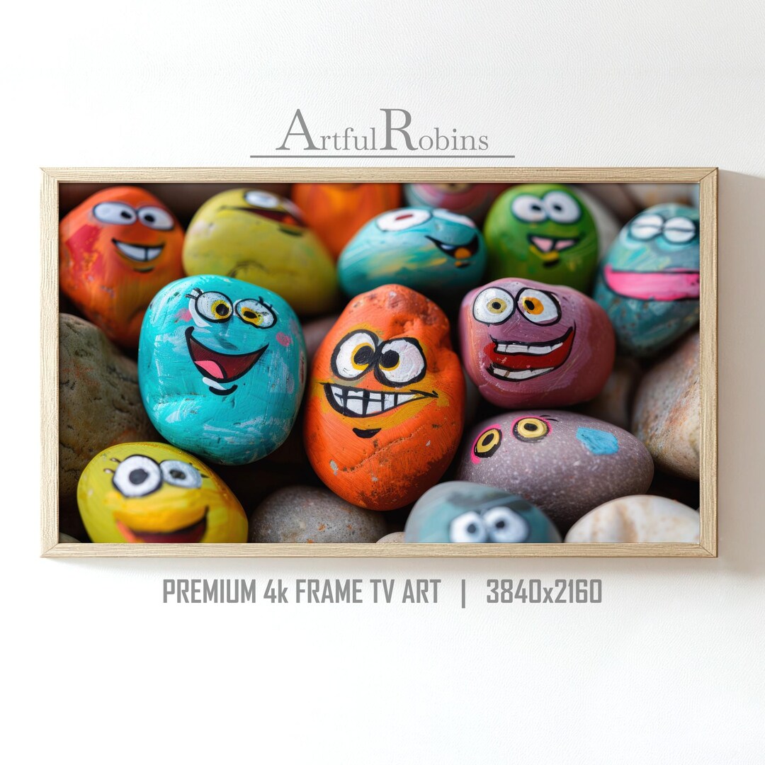Colorful Painted Pebble Faces Frame TV Art | Fun Whimsical Beach Rocks ...