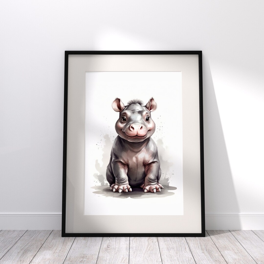 Hippo Printable Wall Art, Cute Animal Art, Baby Hippo Calf, Nursery ...