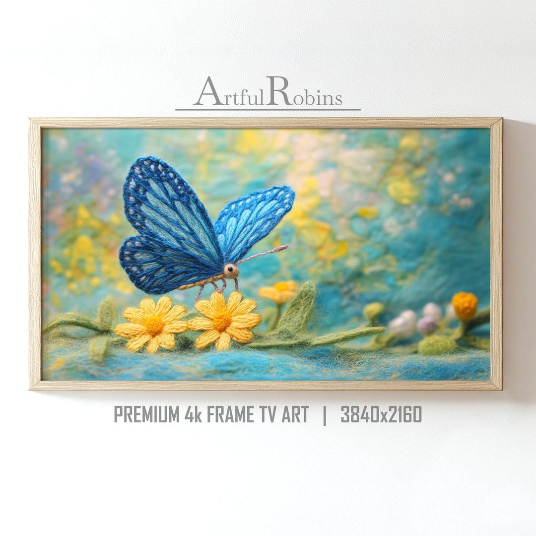 Woven Blue Butterfly FRAME TV ART | Stitched Felted Butterfly Yellow ...