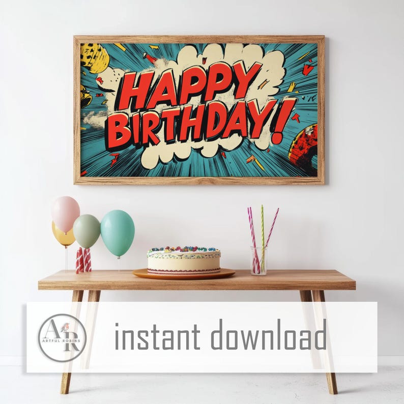 Happy Birthday Retro Comic Frame TV Art | Colorful Red Action Comic ...