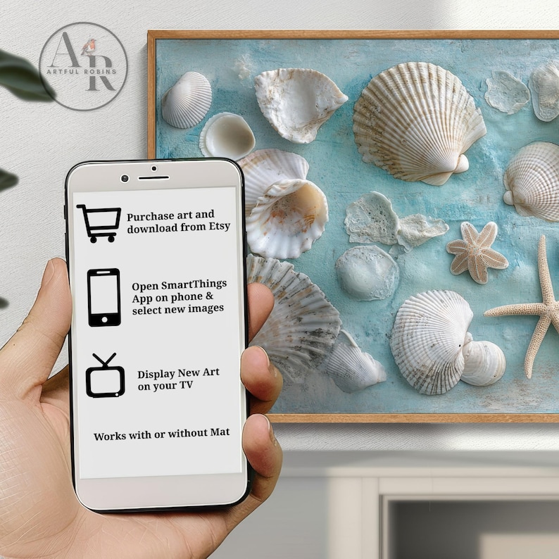 Seashell Collage Frame TV Art | Mosaic on Pale Blue | Ocean Summer ...