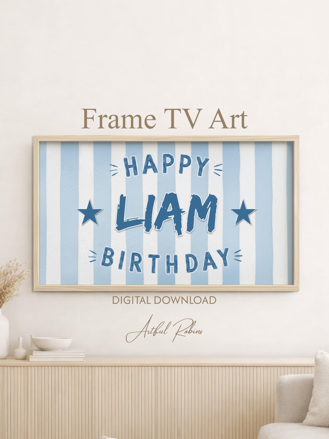 Personalized Birthday FRAME TV ART | Custom Name | Trendy Blue Stripes ...