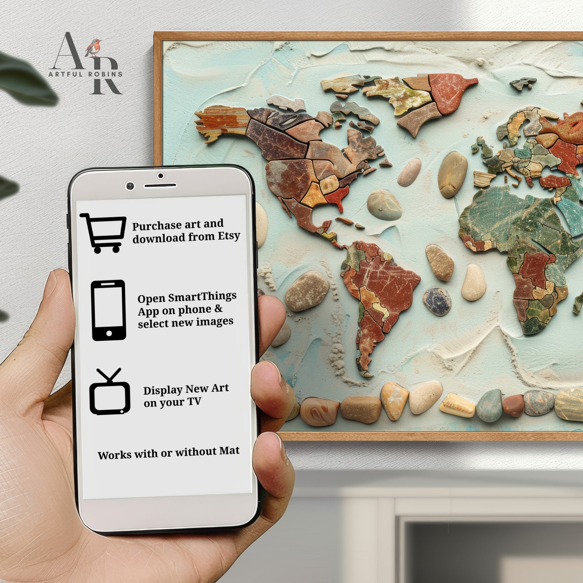World Map Beach Pebbles Mosaic Frame TV Art | Abstract Earthy Stone ...