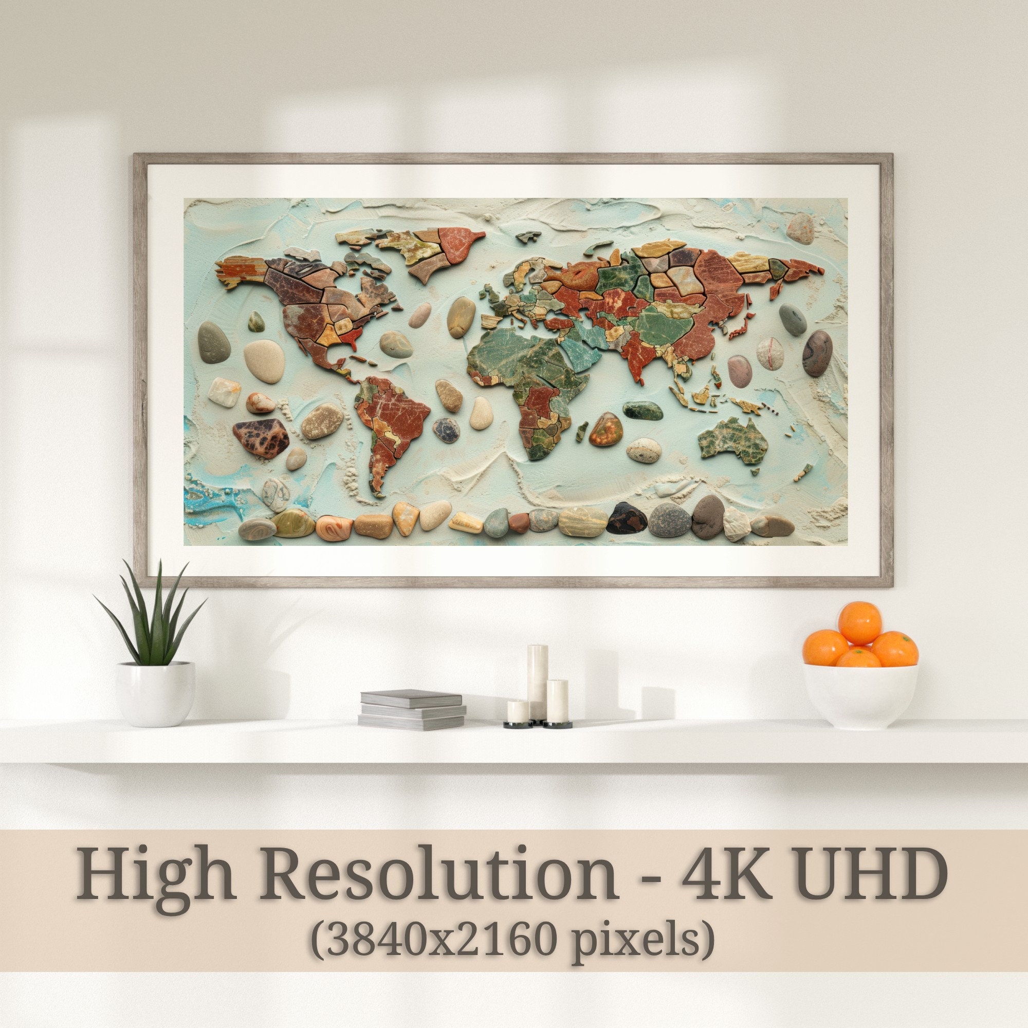 World Map Beach Pebbles Mosaic Frame TV Art Abstract Earthy Stone Decor ...