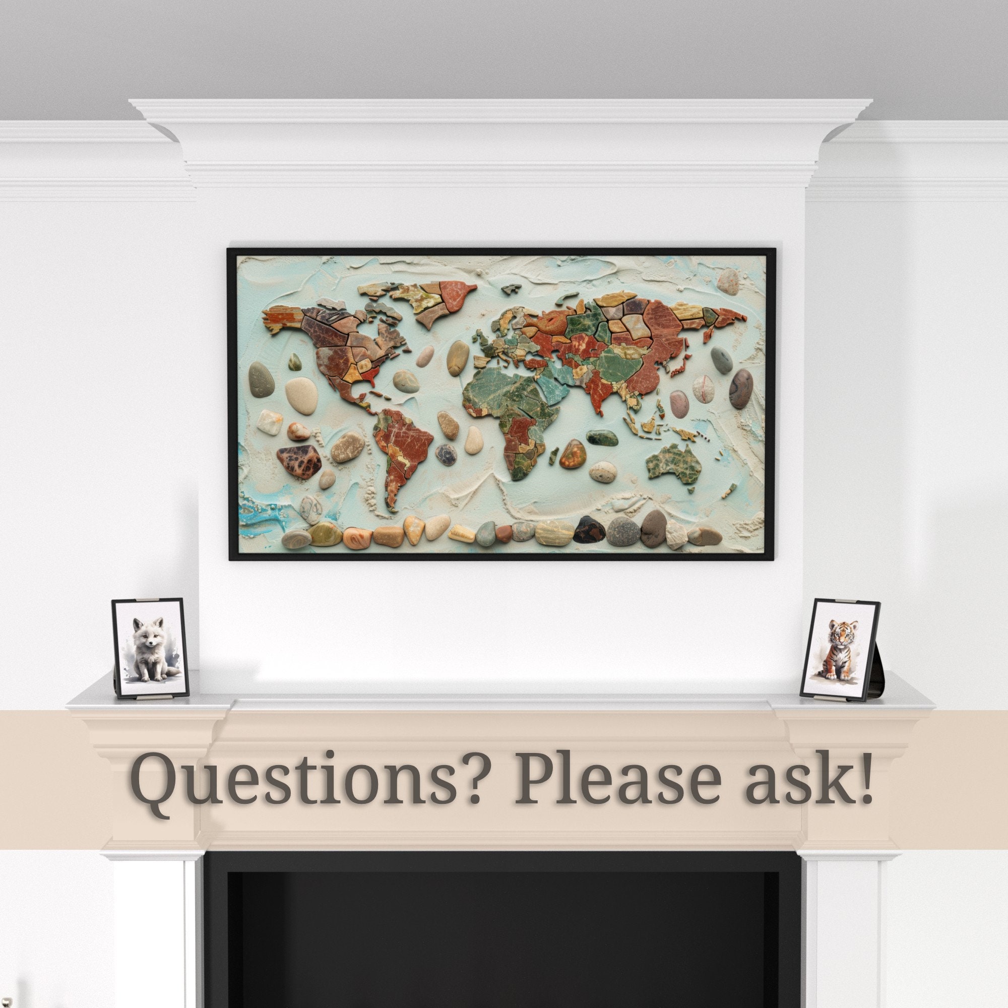 World Map Beach Pebbles Mosaic Frame TV Art Abstract Earthy Stone Decor ...