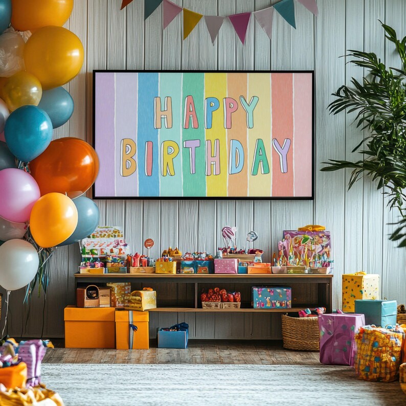 Pastel Rainbow Stripes Happy Birthday FRAME TV ART | Colourful Diverse ...