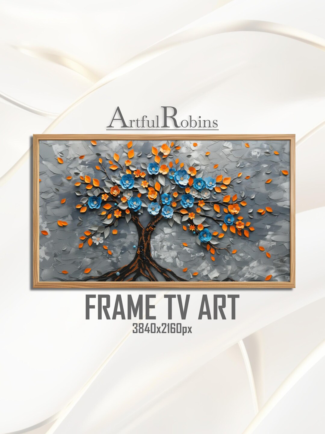 Blue Orange Flowering Tree FRAME TV ART | Contemporary Elegant Grey ...
