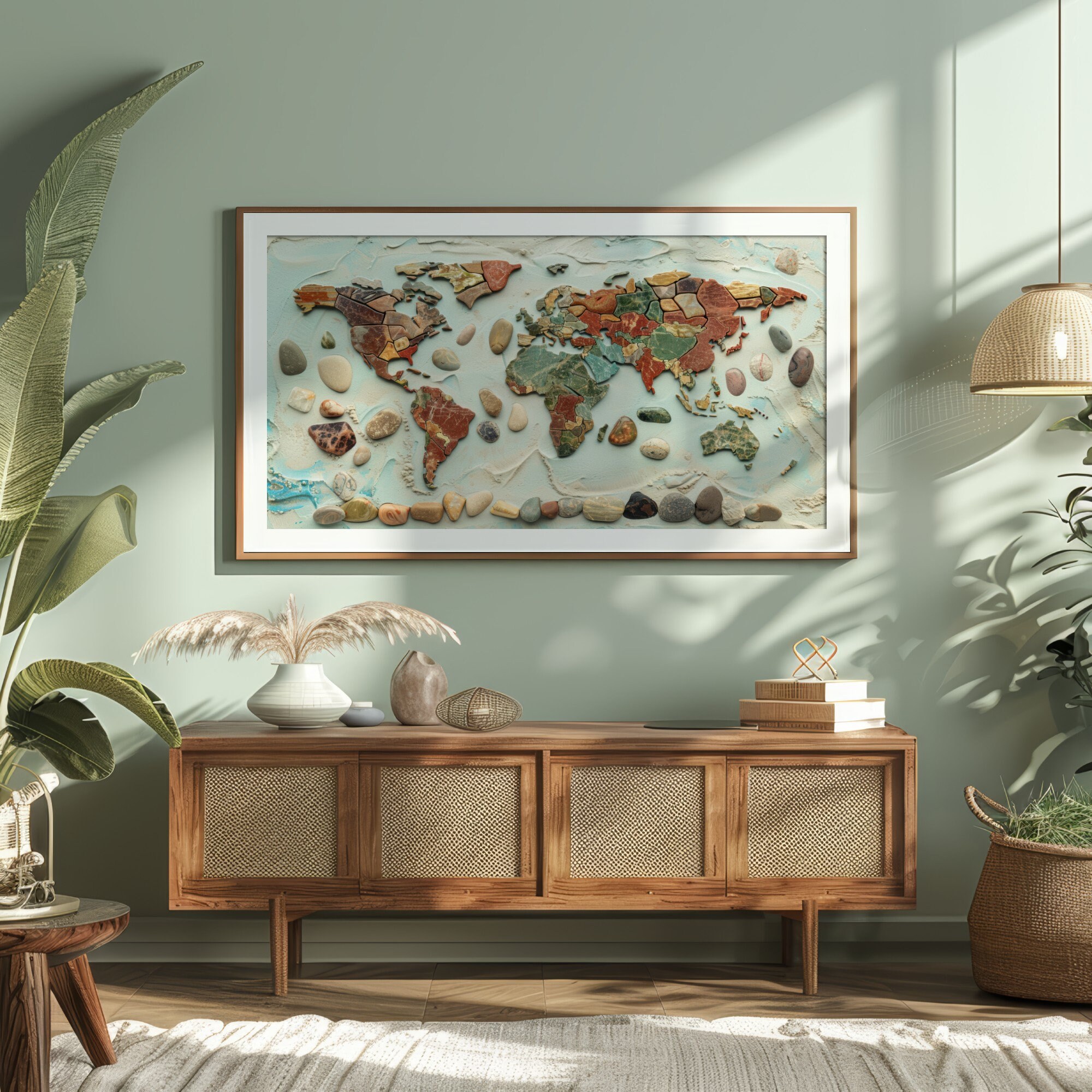 World Map Beach Pebbles Mosaic Frame TV Art Abstract Earthy Stone Decor ...