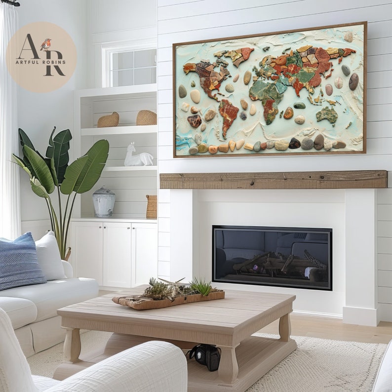 World Map Beach Pebbles Mosaic Frame TV Art Abstract Earthy Stone Decor ...