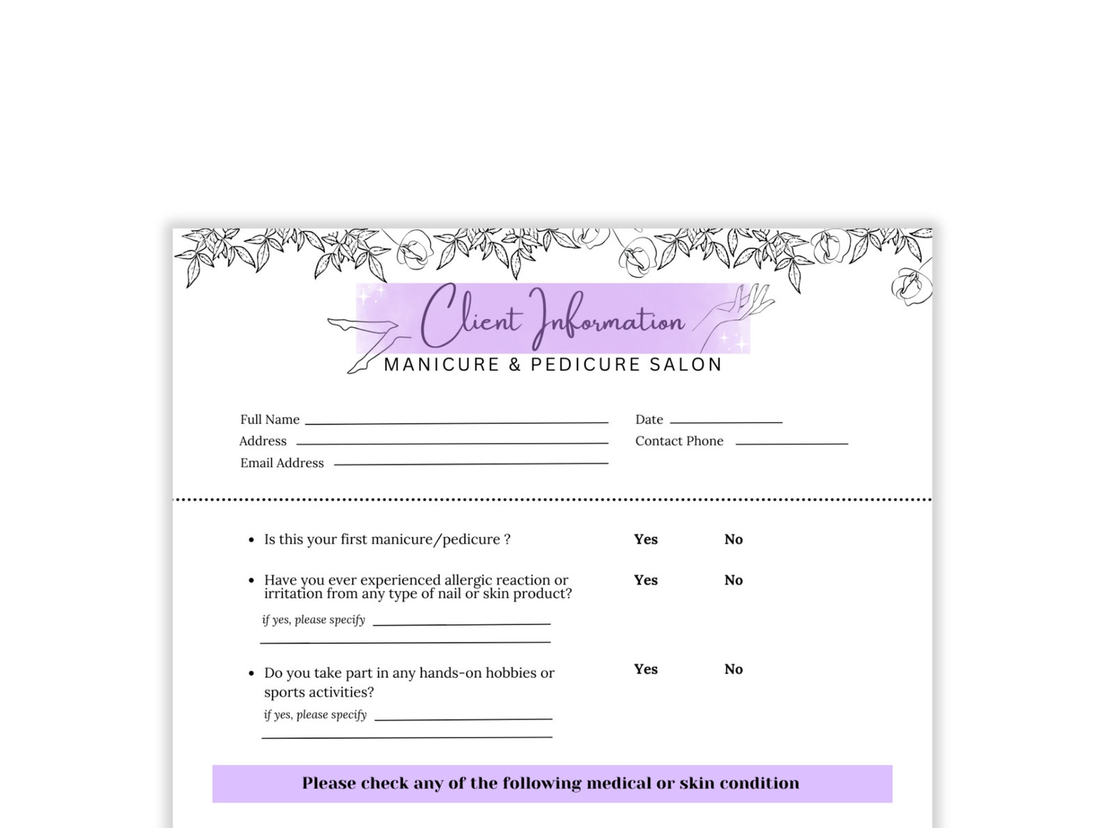 Manicure and Pedicure Salon Client Consultation Form - Etsy