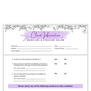 Manicure and Pedicure Salon Client Consultation Form - Etsy
