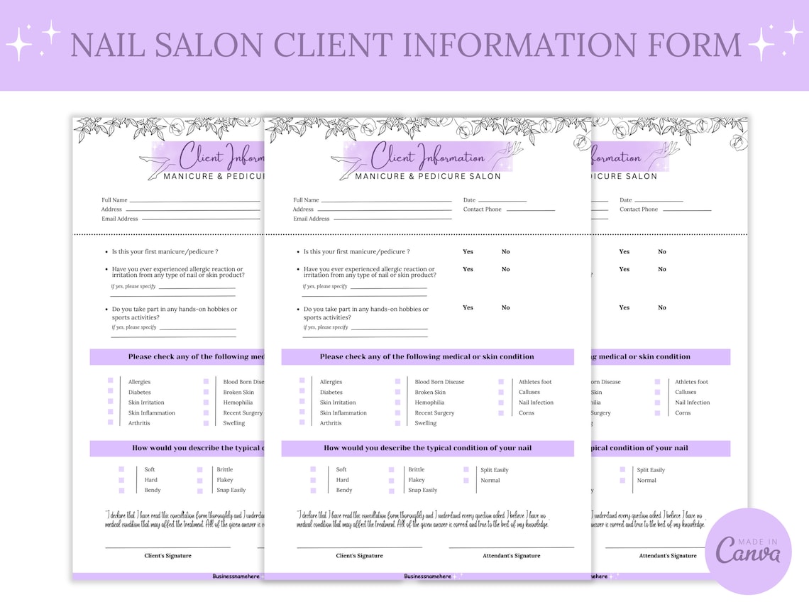 Manicure and Pedicure Salon Client Consultation Form - Etsy