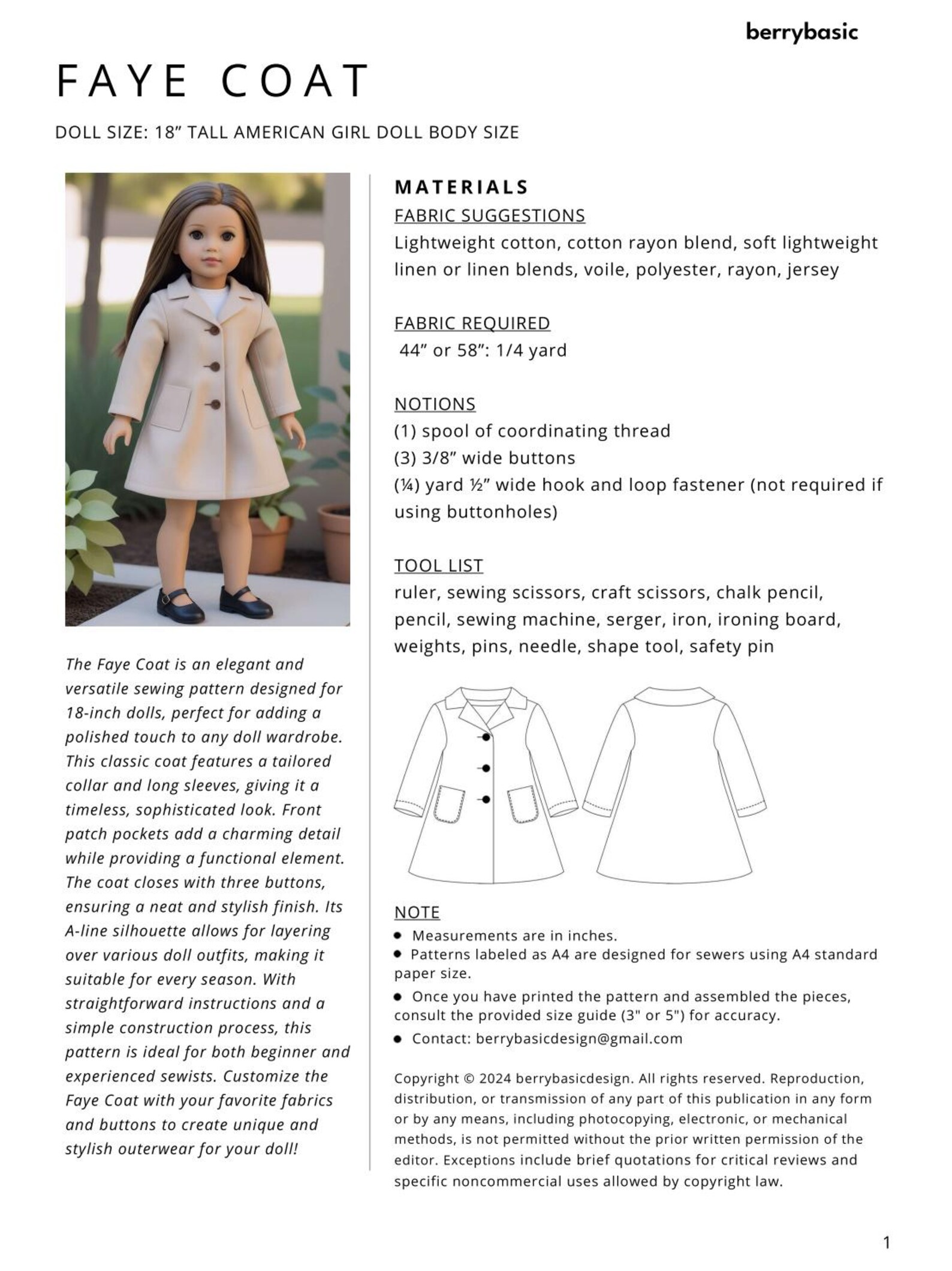 18" Doll - Faye Tailored Collar Coat PDF Sewing Pattern (made for ...