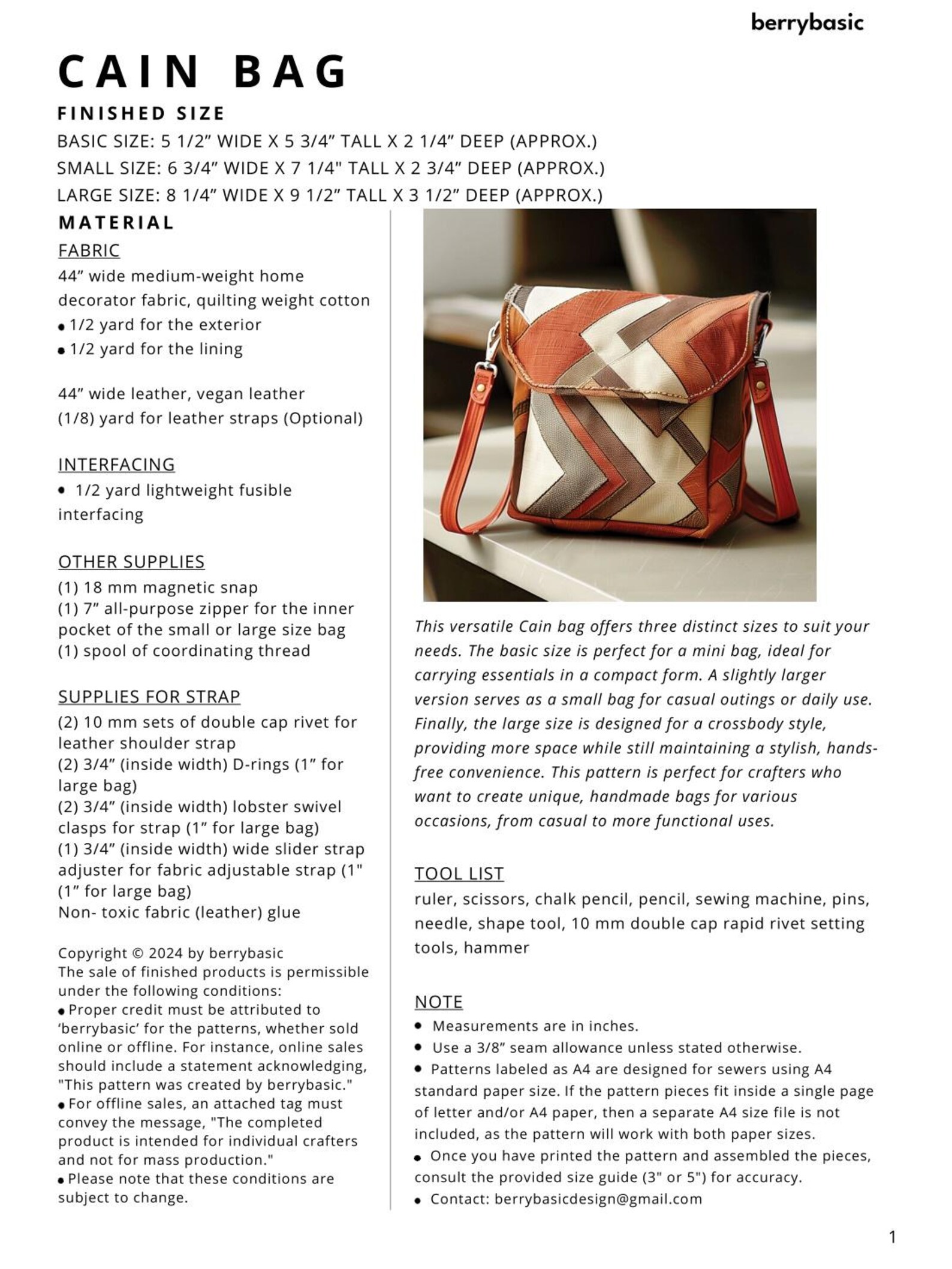 Cain Bag PDF Sewing Pattern (3 Sizes) - Easy Sewing Pattern - Etsy