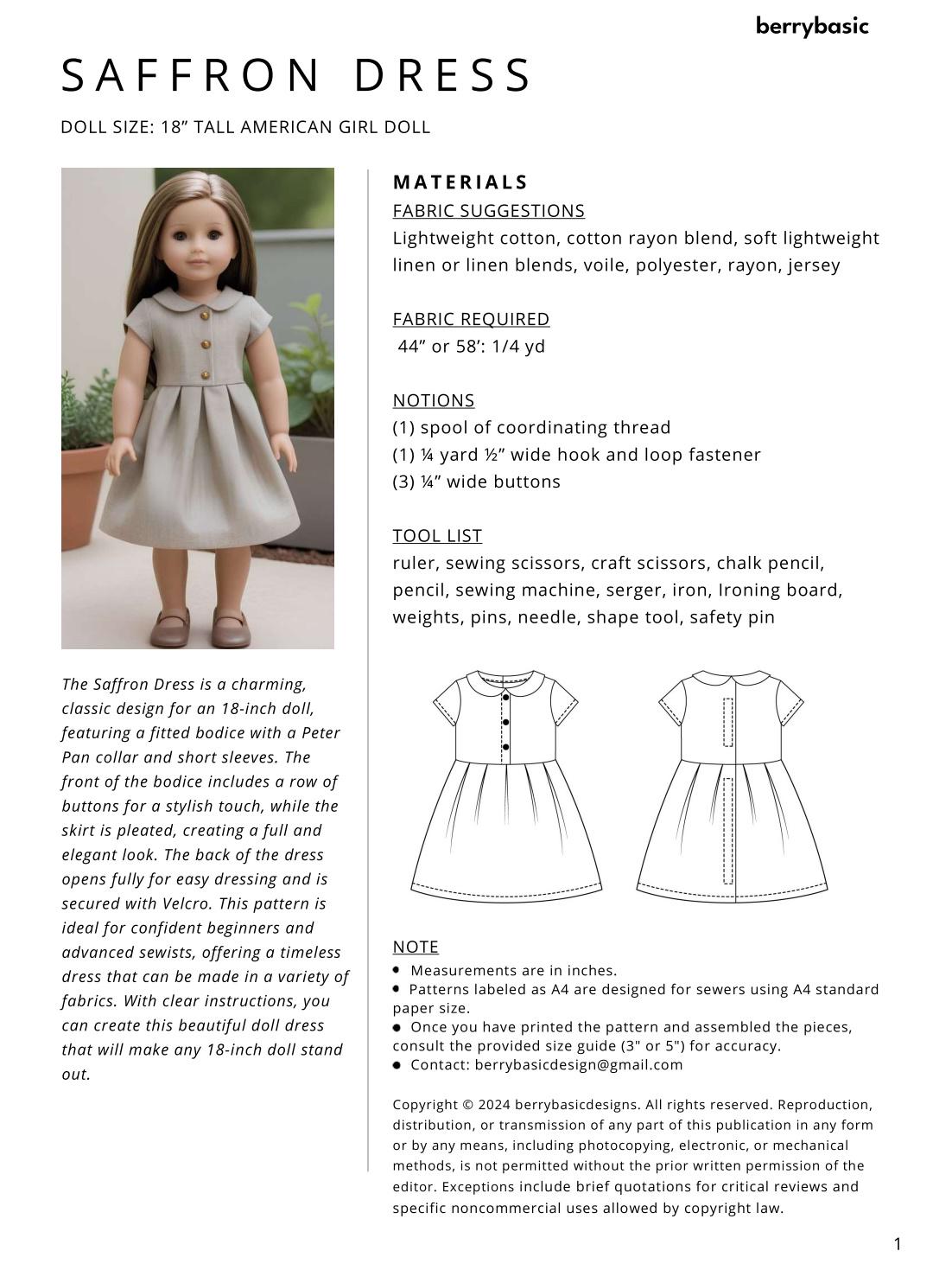 18 Doll Saffron Dress PDF Sewing Pattern american Girl Doll Body Size ...