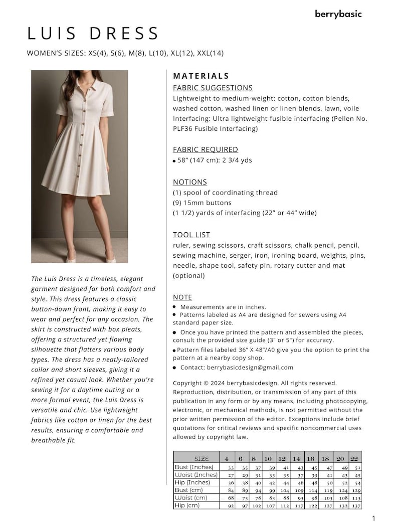 Patrón de costura en PDF para vestido Luis Box Pleats - 4 tipos de papel (A4, Carta EE. UU., A0 ...