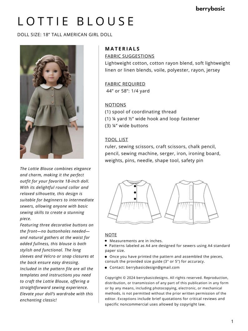 18" Doll - Lottie Blouse PDF Sewing Pattern (made for American Girl ...