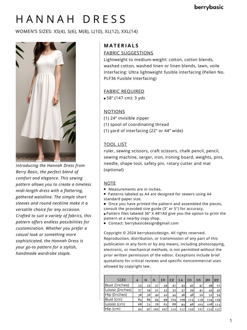 Hannah Dress PDF Sewing Pattern - 4 Kinds of Paper (A4, US Letter, A0 ...