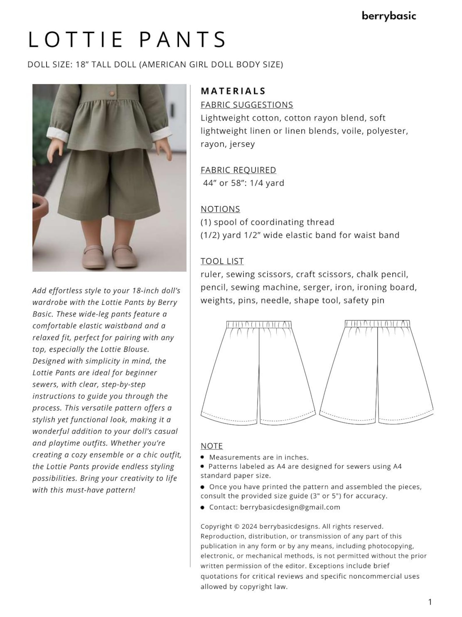 18" Doll - Lottie Pants PDF Sewing Pattern (made for American Girl ...