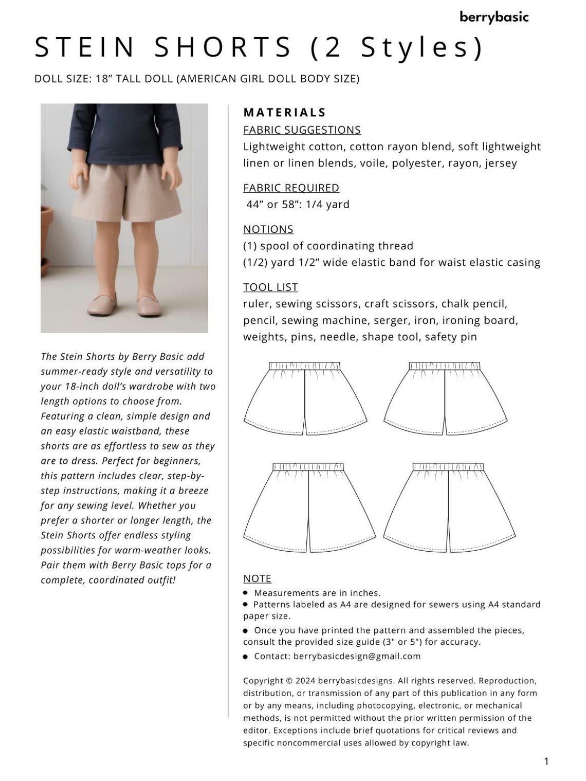 Doll Shorts PDF Sewing Pattern – Fits 18