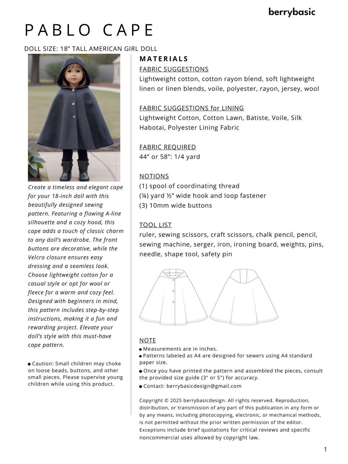 18" Doll - Pablo Cape PDF Sewing Pattern (made for American Girl, Fits ...