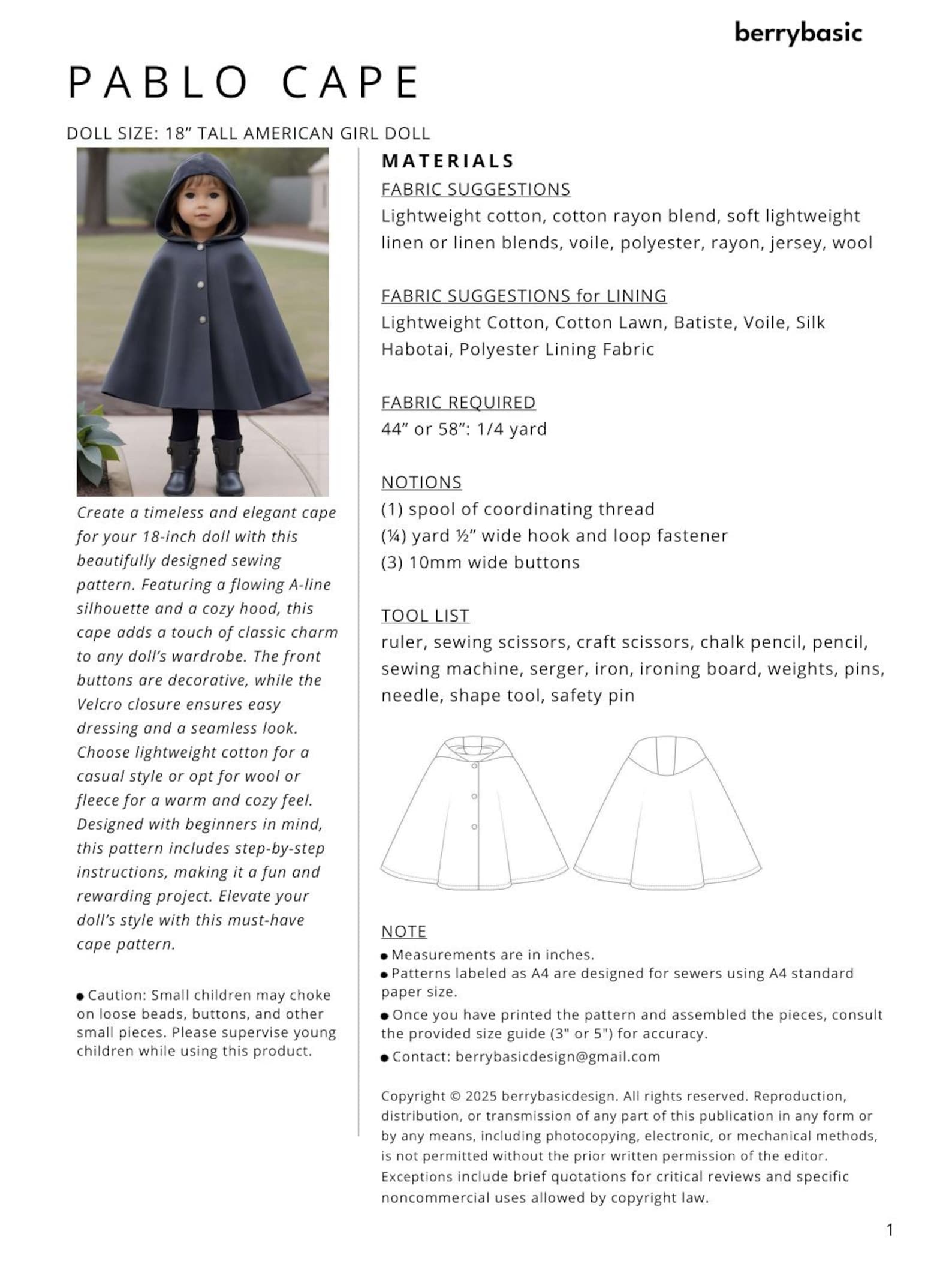 18" Doll - Pablo Cape PDF Sewing Pattern (made for American Girl, Fits ...