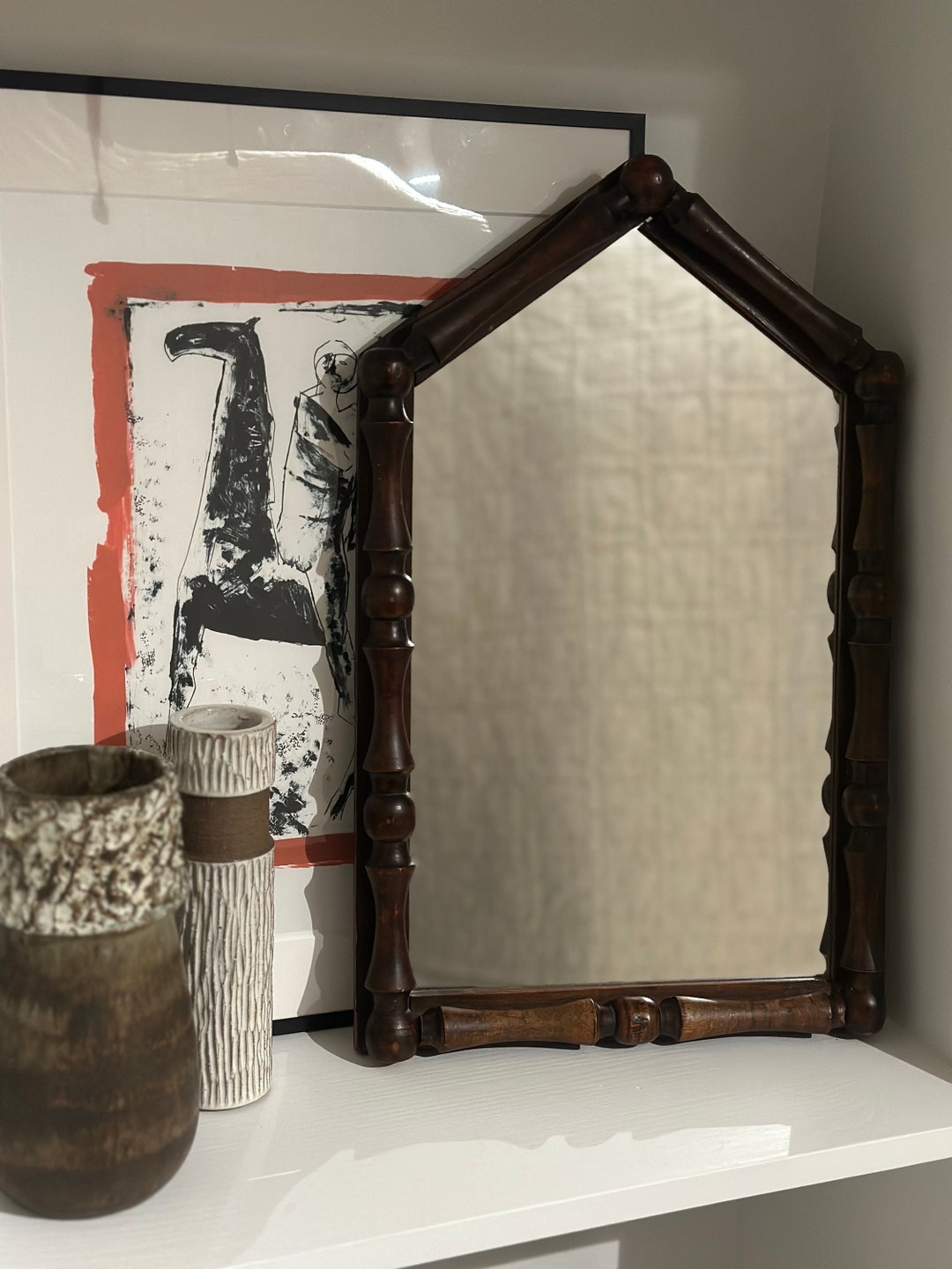 Japandi Style Mirror Dark Wooden Frame Mirror With Carved Details ...