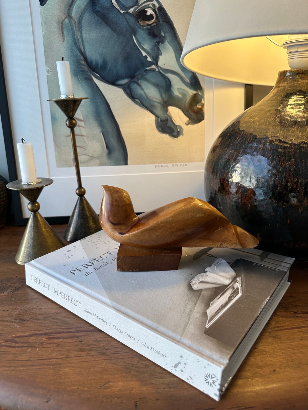 Japandi Antique Wooden Bird Sculpture - Hand Carved Wabi Sabi Avian Art ...