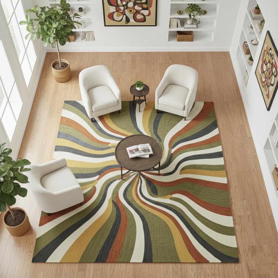 Mid Century Modern Abstract Swirl Area Rug Retro Colorful Living Room ...