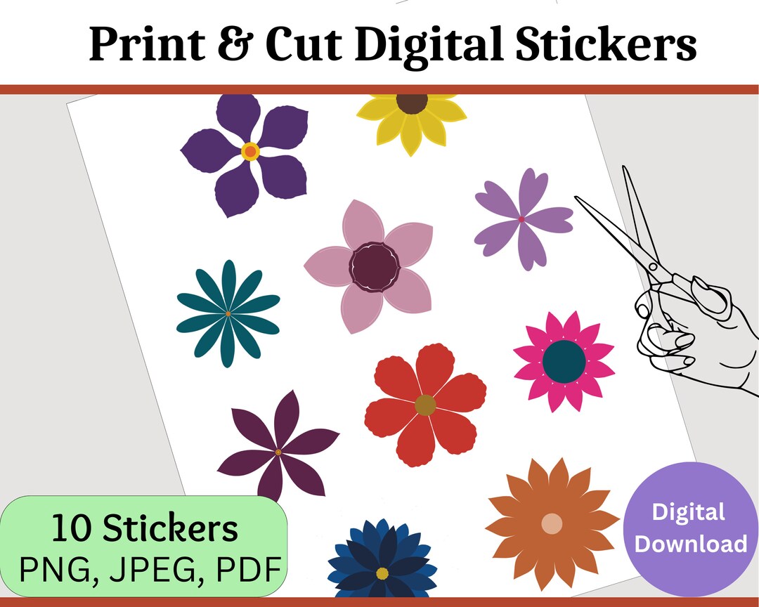 Flower Stickers 10 Print and Cut Flower Stickers Instant Digital ...