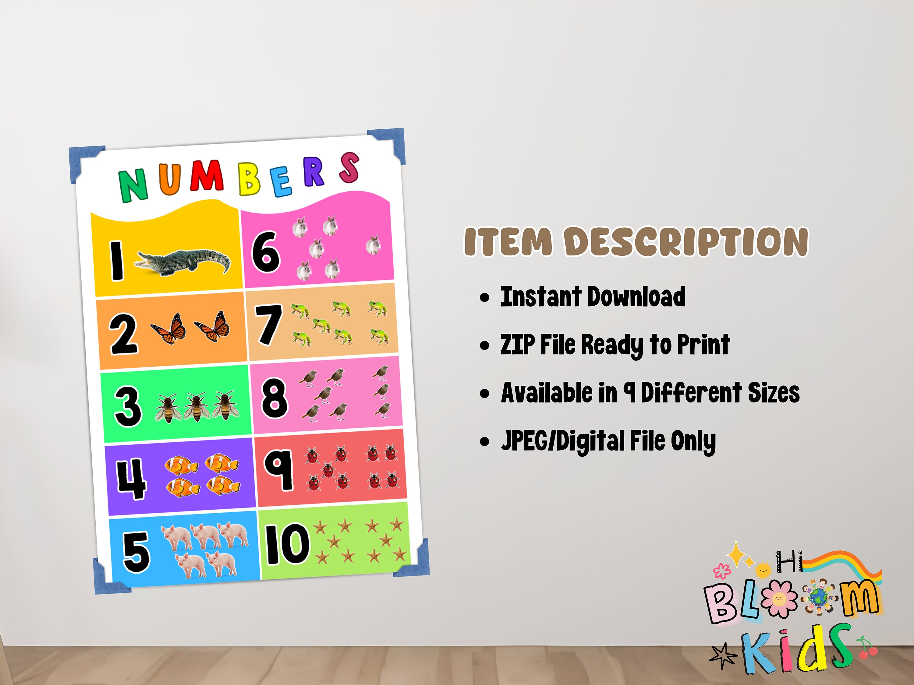 Animals Colorful Numbers 1-10 Poster Nursery Rainbow Educational ...