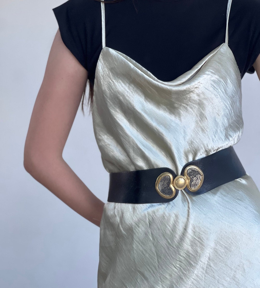 Vintage 70's Women's Waist Belt Real Leather Gold Metal Hearts and ...