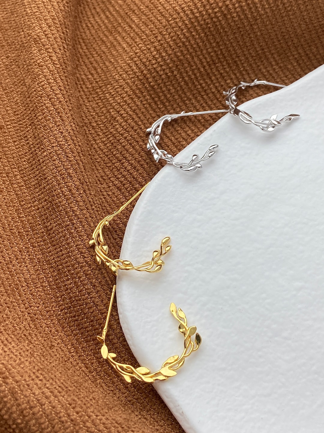 Silver Elegant Vine Hoop Earrings, Golden Semicircular Leaf Stud Earrings, 14K Gold Plated 925 ...