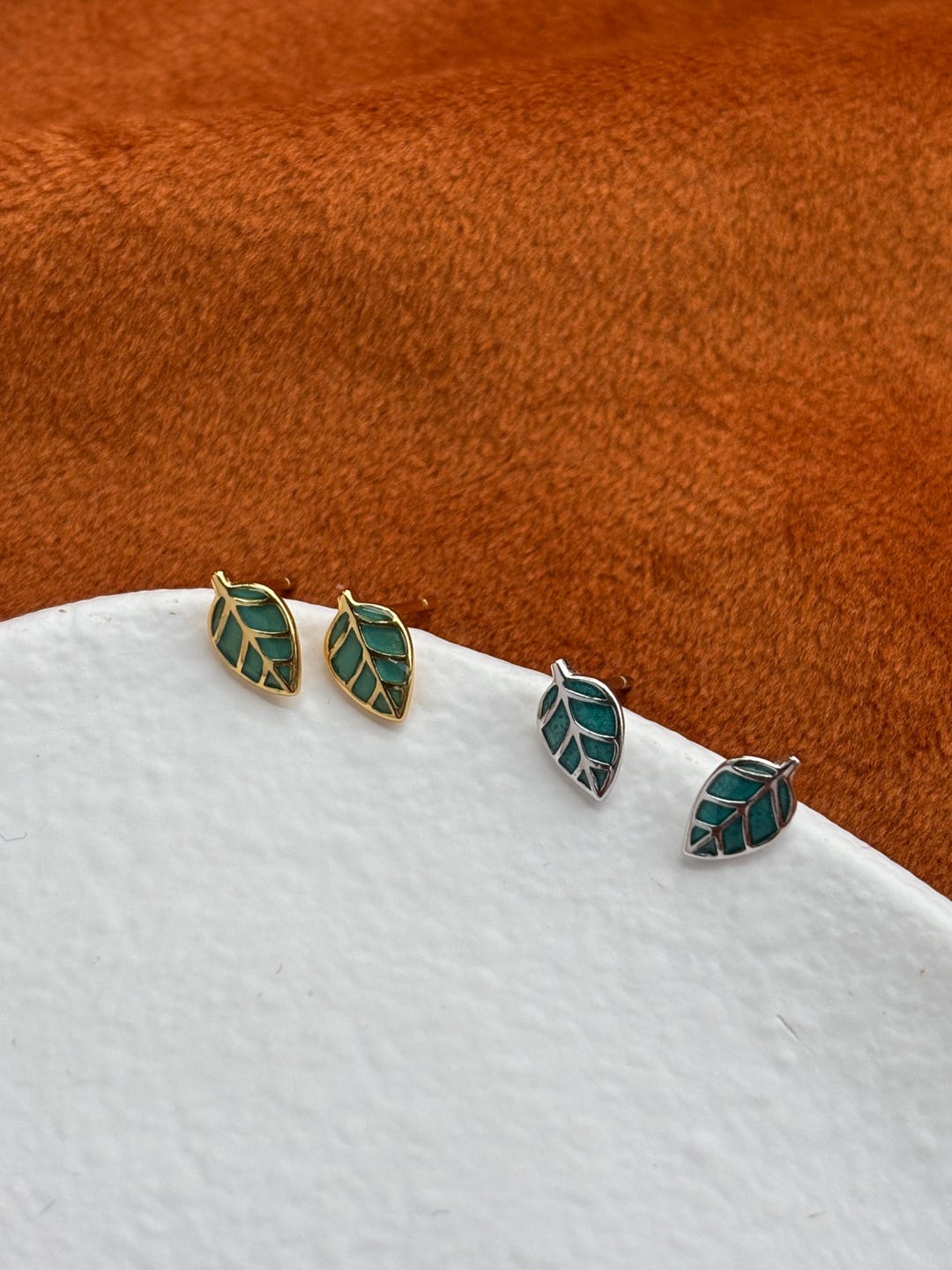 Mini Green Leaf Stud Earrings, Cute Golden Plant Earrings, Enamel Glaze Jewelry, Dainty Sterling ...
