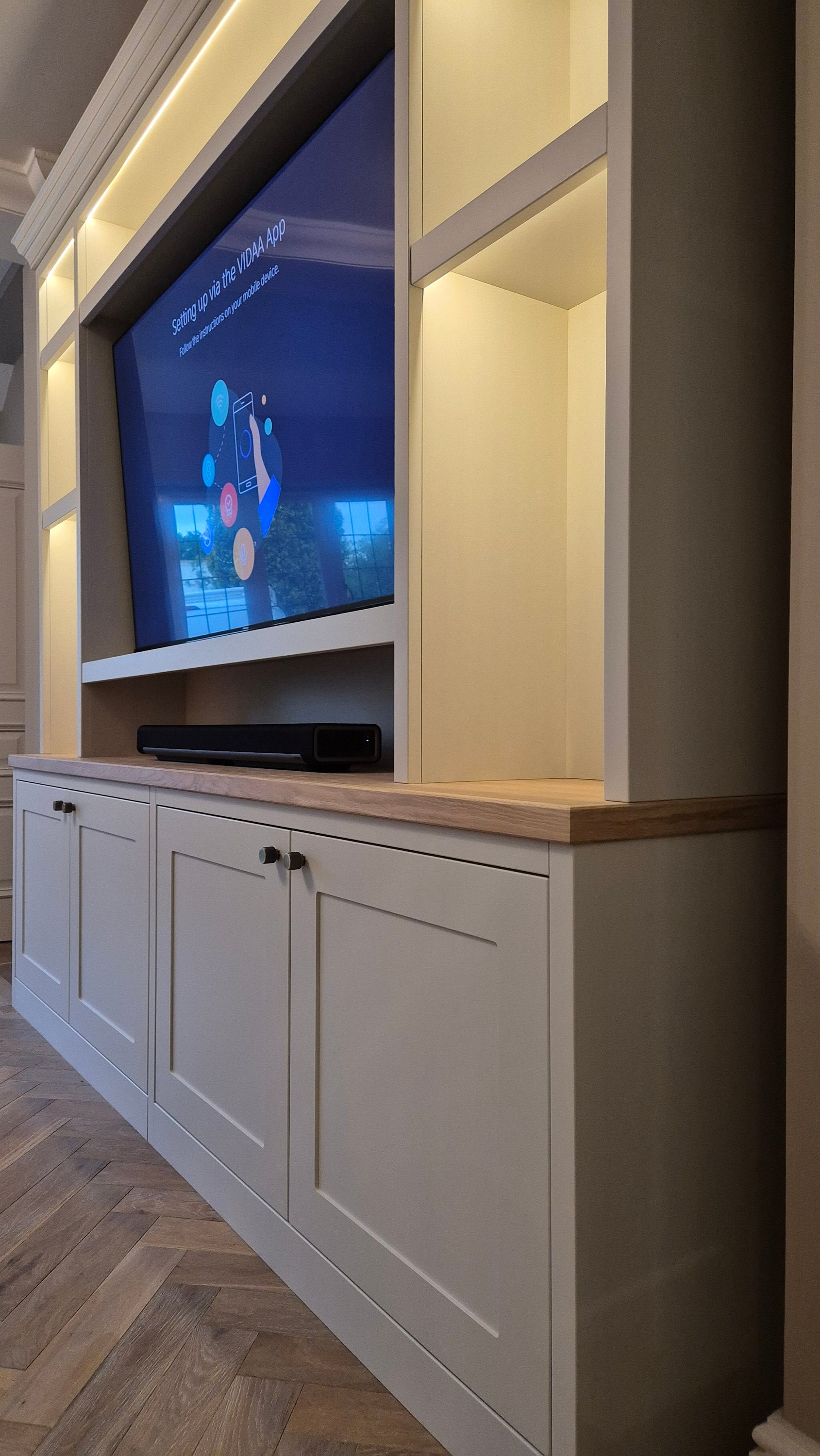 Custom Media Cabinet | Wall-mounted | Solid Oak Worktop | LED Lighting ...